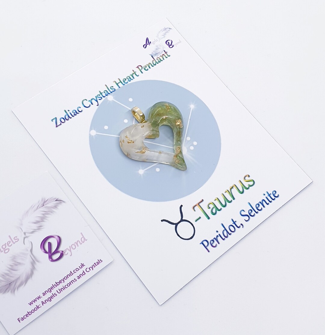 Zodiac Taurus Crystals Heart Pendant- Peridot, Selenite/ Birthstone ...