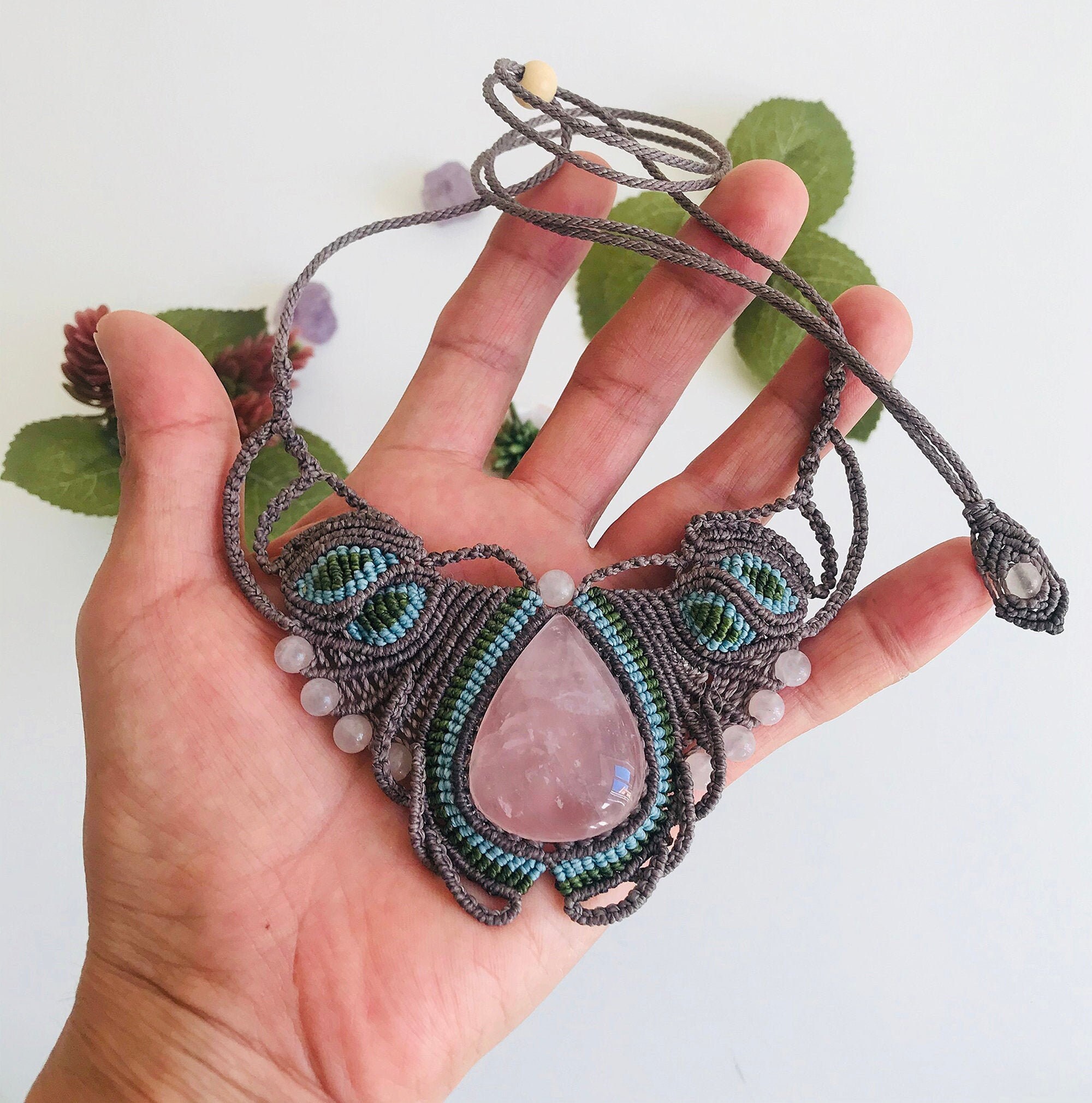 Rose Quartz Macrame Necklacemacrame Pendent for Herpendent - Etsy