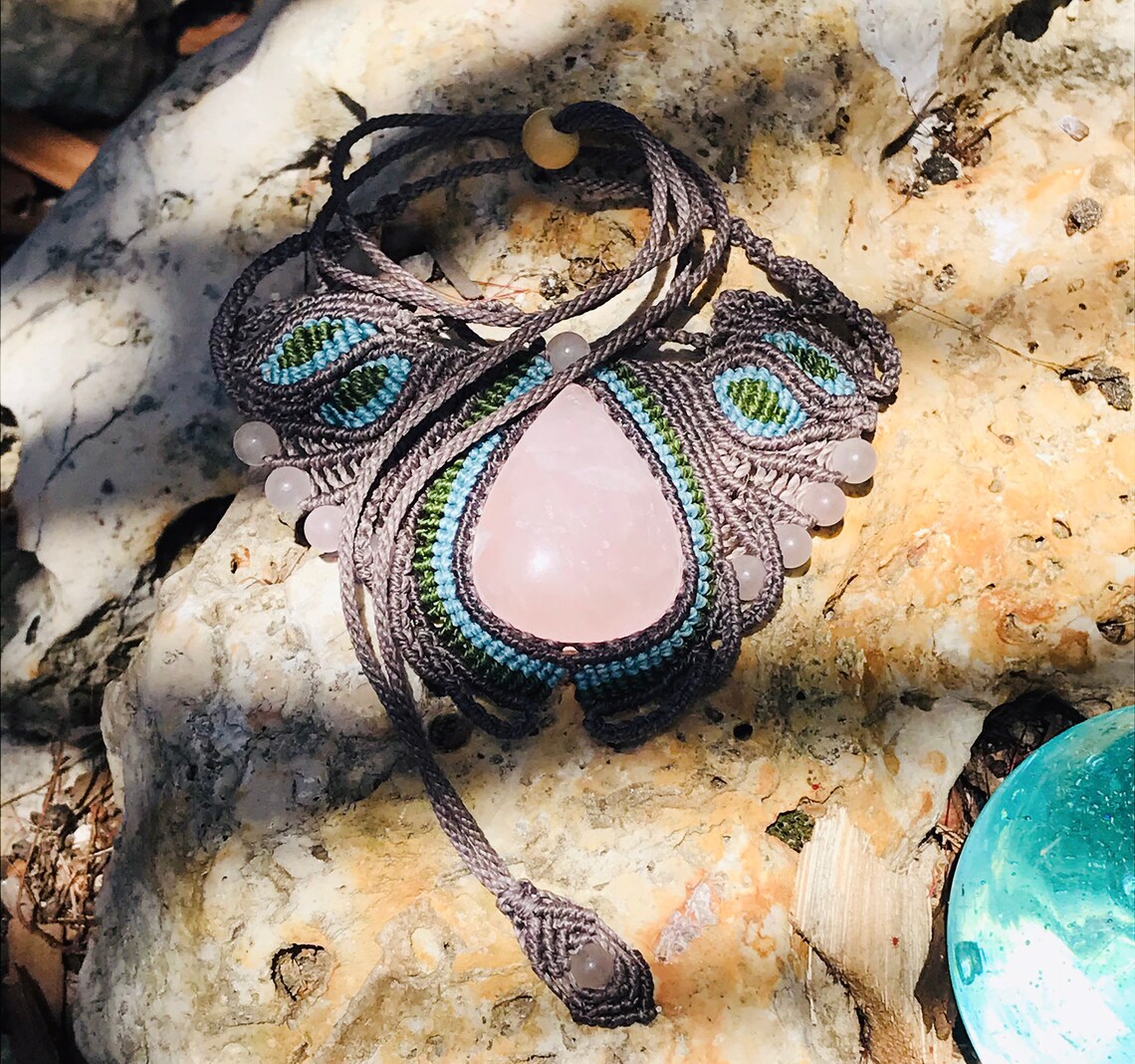 Rose Quartz Macrame Necklacemacrame Pendent for Herpendent - Etsy