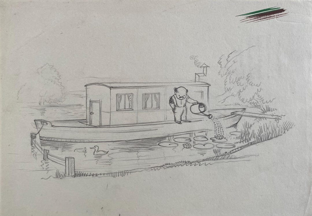 C.1960 'EDIE' W.J.EDWARDS Cartoon in Pencil. Houseboat Ship Boat Marine ...
