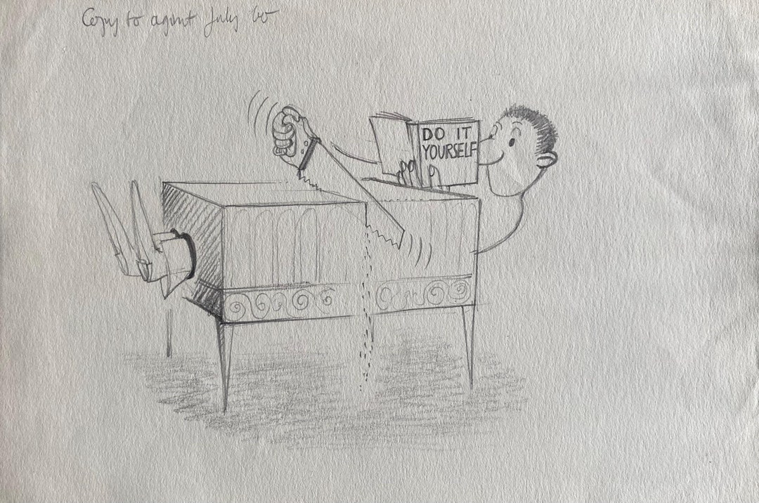 1960 'EDIE' W.J.EDWARDS Cartoon in Pencil. Magician Illusionist Sawn in ...