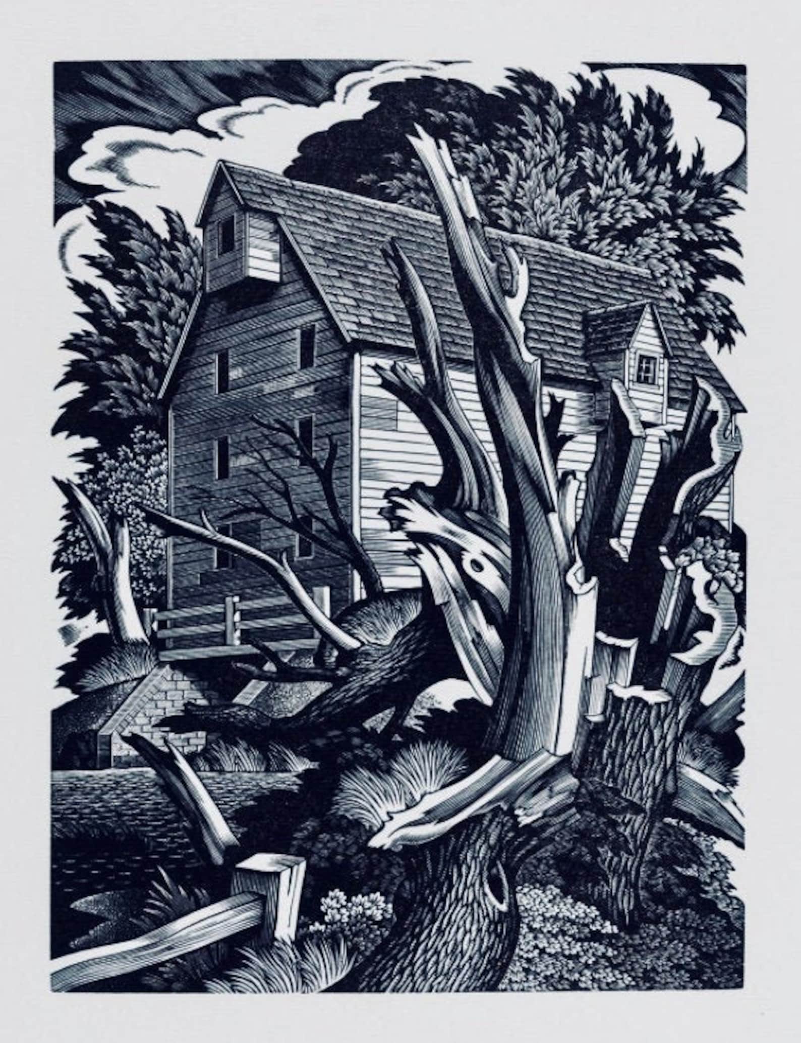 GEORGE E.MACKLEY Wood Engraving. the Mill (aka Broken Willow). Printed ...