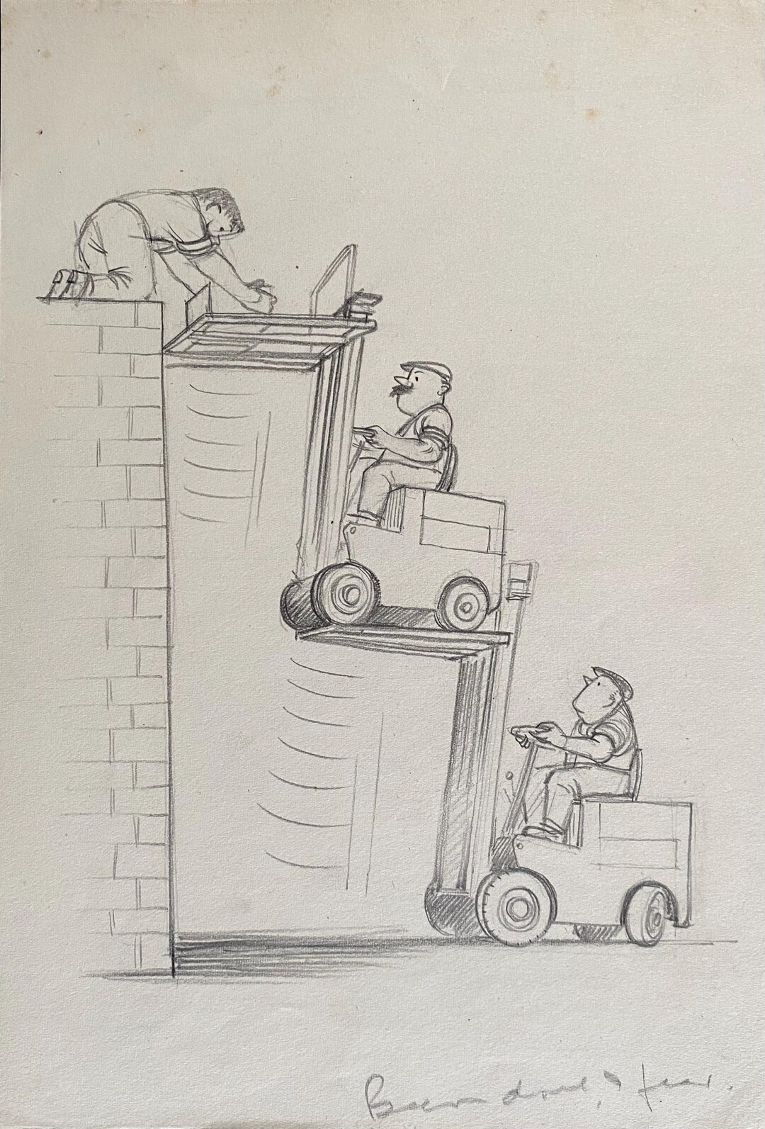 C.1960 'EDIE' W.J.EDWARDS Cartoon in Pencil. Construction Building ...