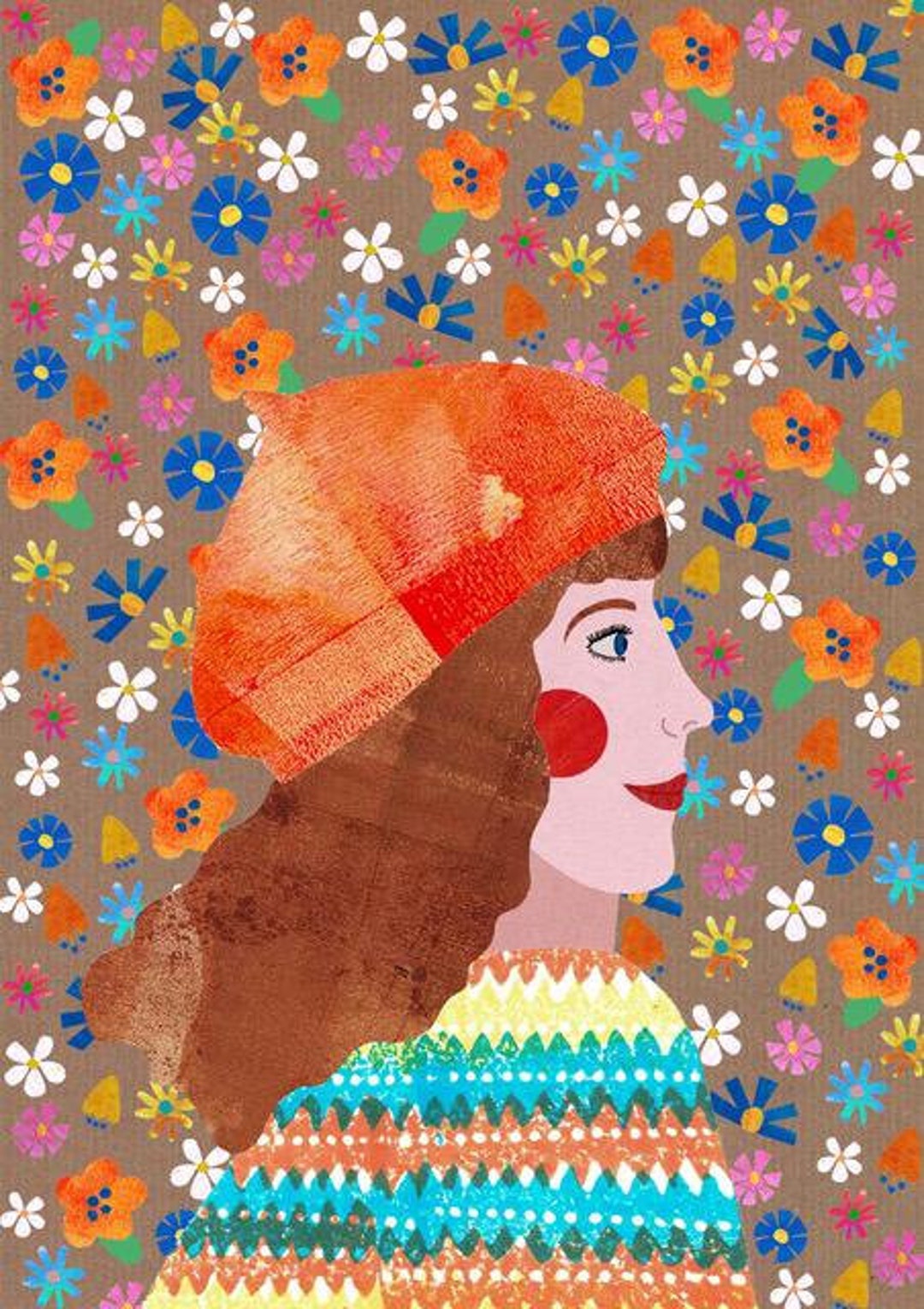 SIGNED PRINT 'girl With Orange Beret' High Quality Gift Present Collage Print Folk Art Original ...