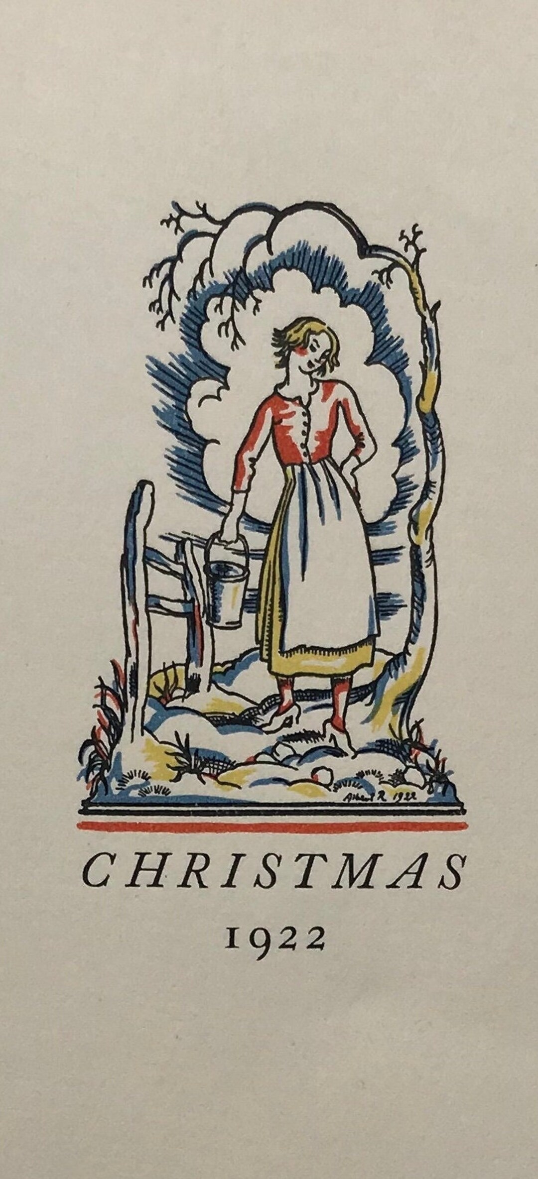 1922 Christmas Card FLEURON With 3 Pen Drawings With Added Colour ...