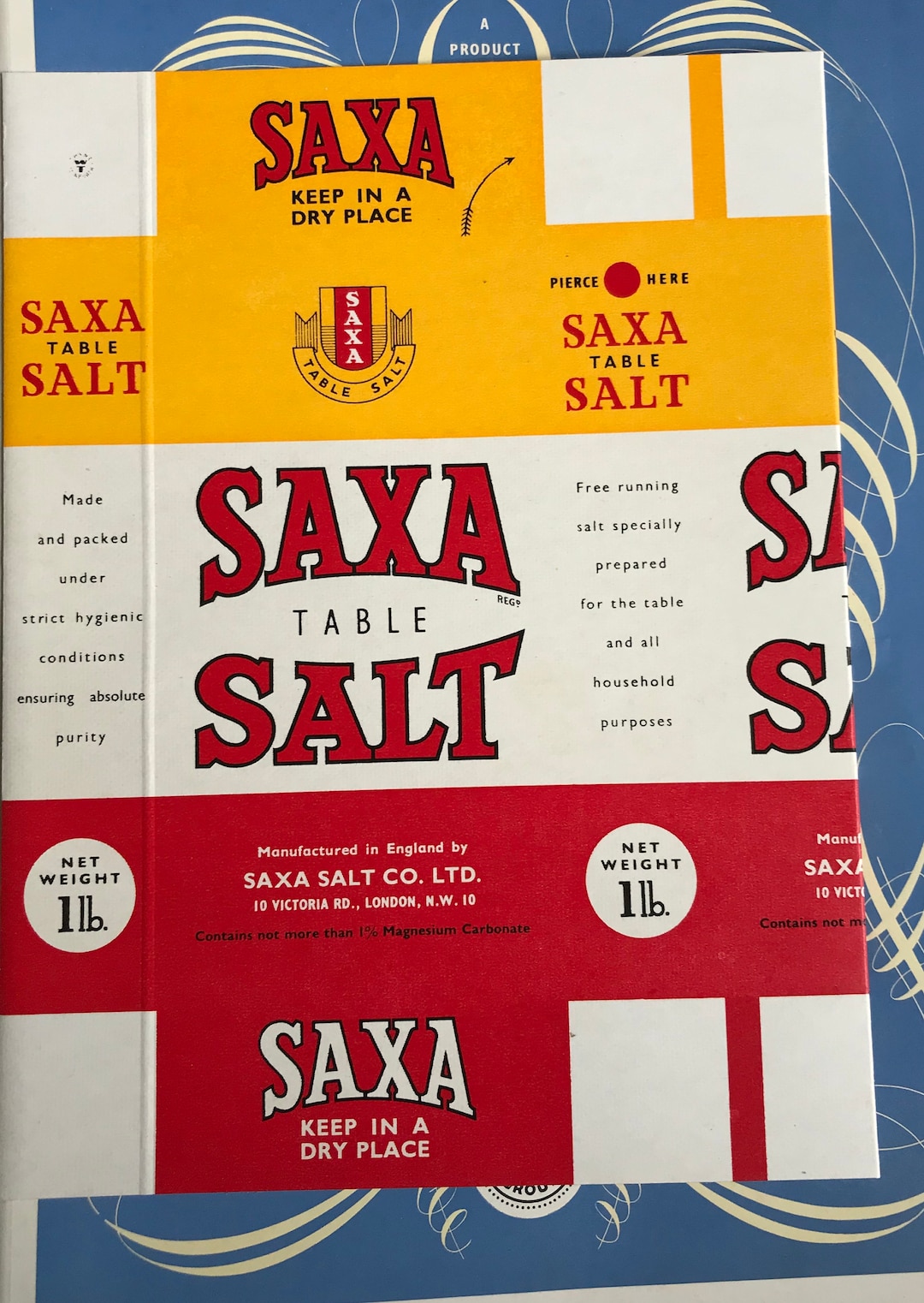 1957 SAXA TABLE SALT Packaging Unused/unfolded. Insert From Trade ...