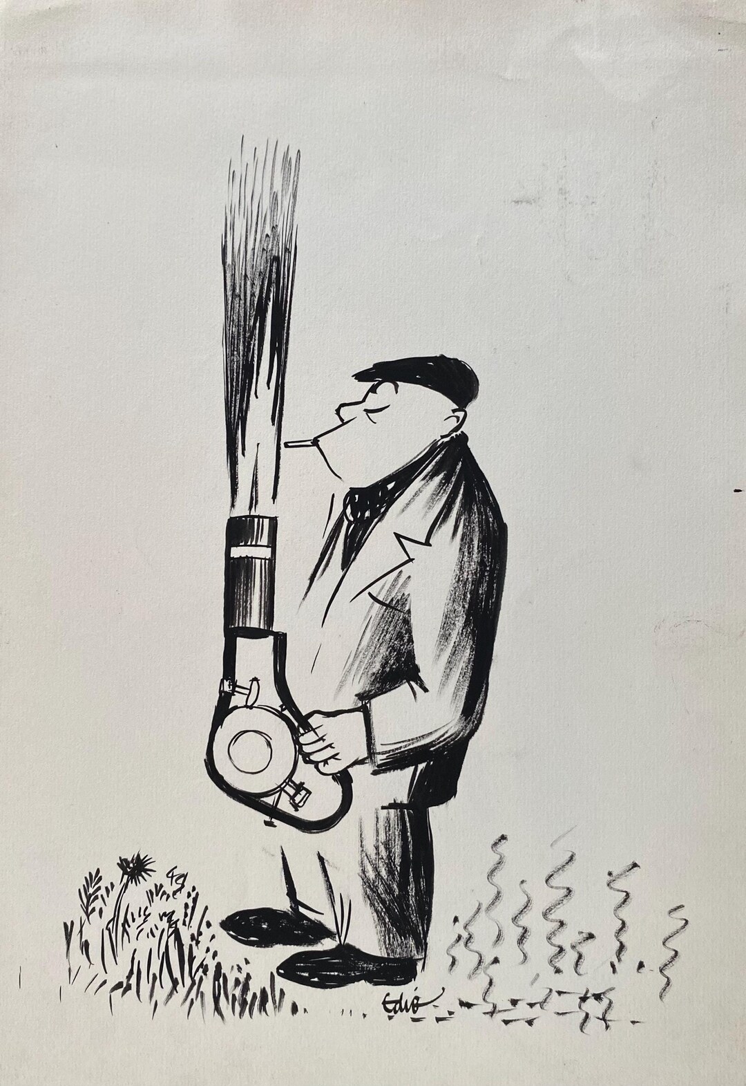1960 'EDIE' W.J.EDWARDS Signed Pen and Ink Cartoon. Smoking Cigarette ...