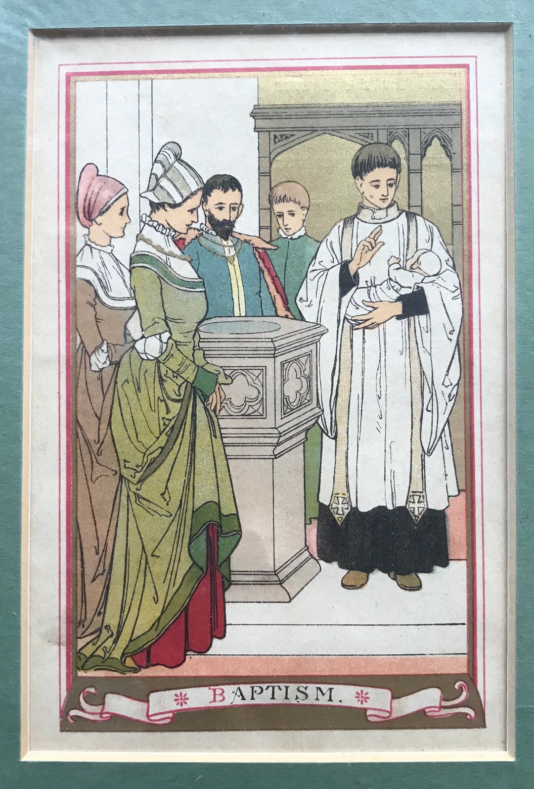 BAPTISM/CHRISTENING ILLUSTRATION. Gold Ink. East European? Undated 5x3 ...