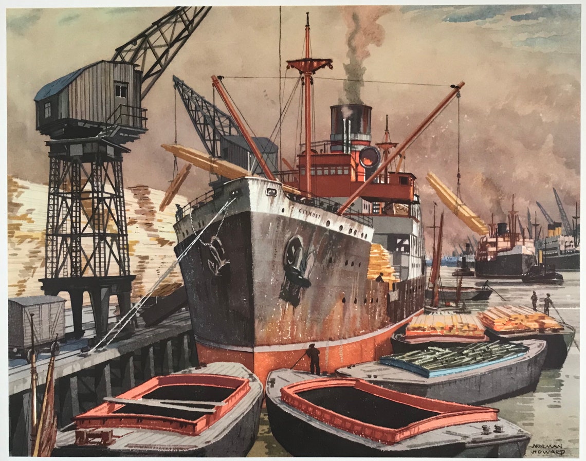 1950s LITHOGRAPH LONDON DOCKS Unloading Timber Large Poster | Etsy
