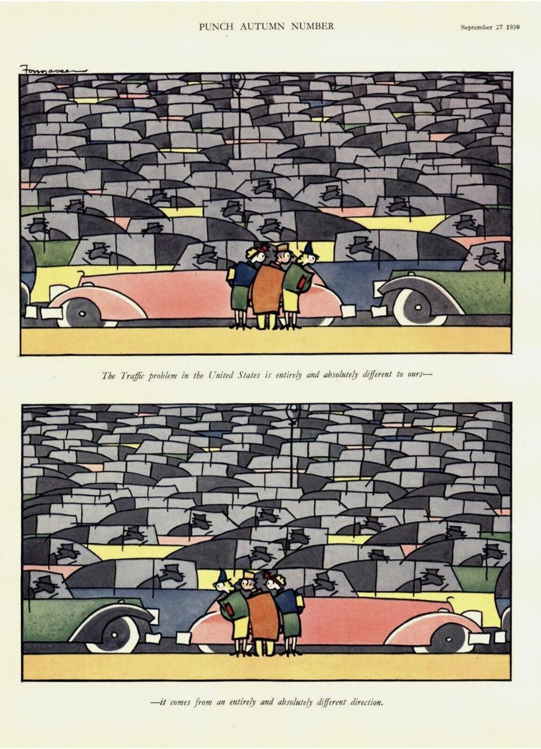 1939 FOUGASSE Colour Illustration for PUNCH MAGAZINE 'the Traffic ...