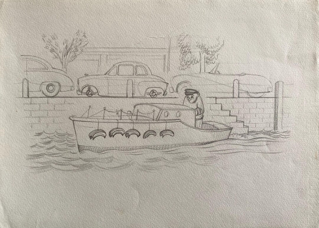 C.1960 'EDIE' W.J.EDWARDS Cartoon in Pencil. Ship Boat Marine Sheet ...