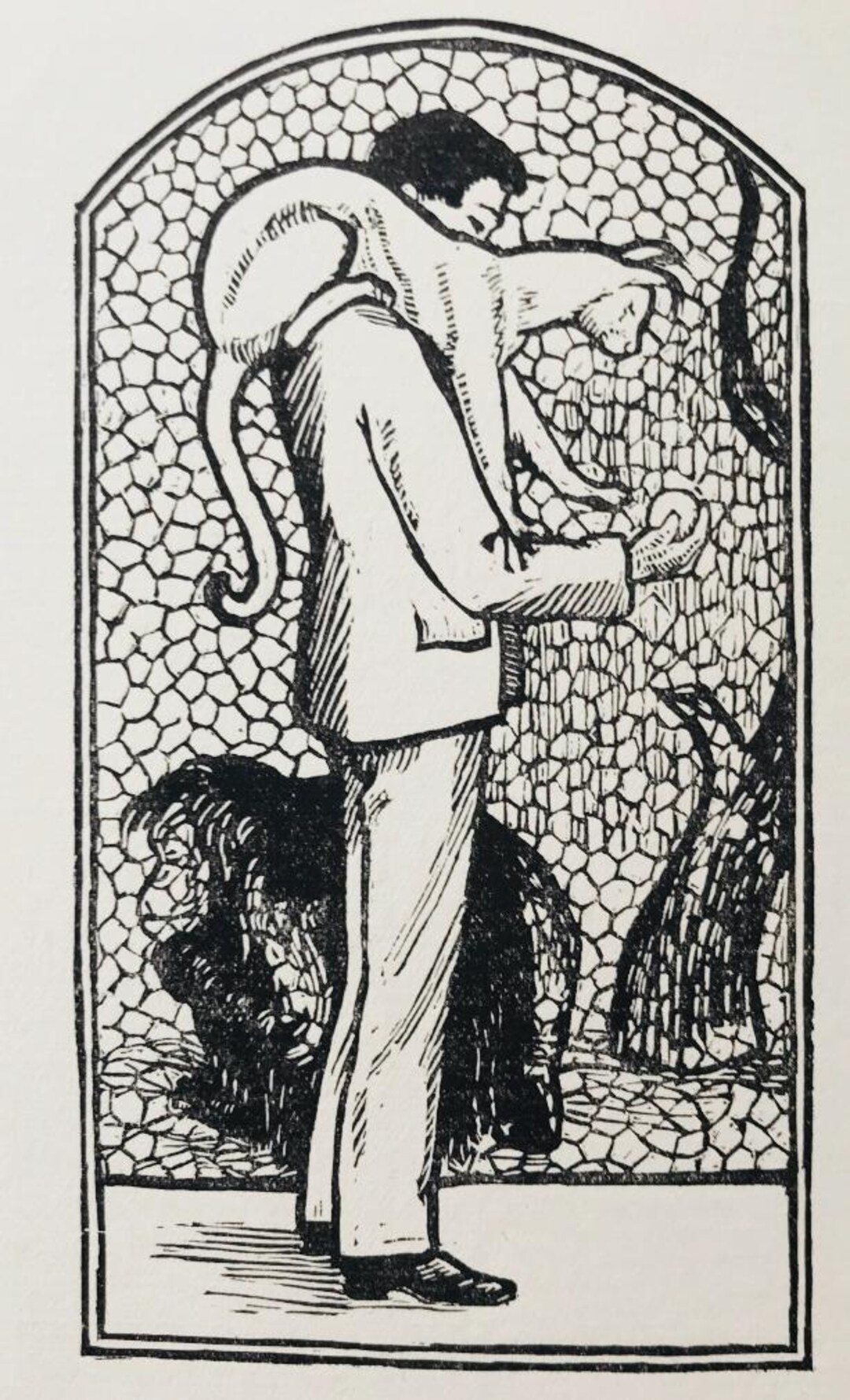 RACHEL ALICE GARNETT Print 'man in the Zoo'. Printed on Handmade Deckle ...