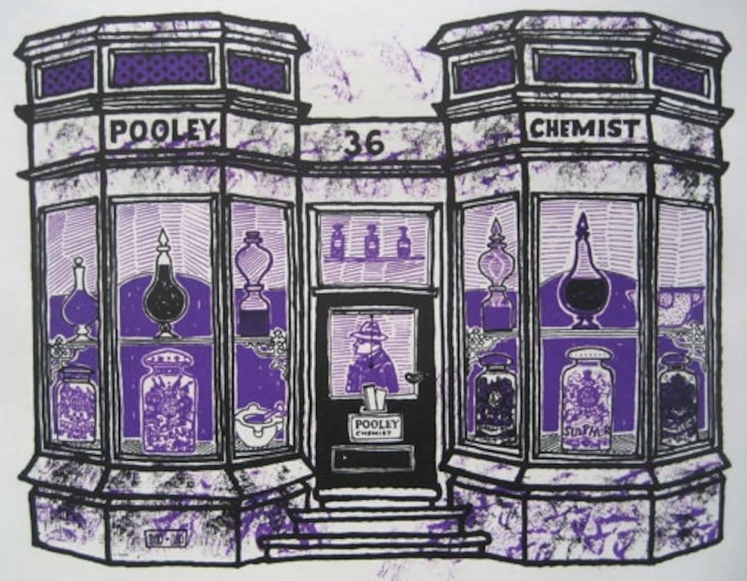 1959 JOHN GRIFFITHS LITHOGRAPH Shop Front Pooley the Chemist Wimbledon ...