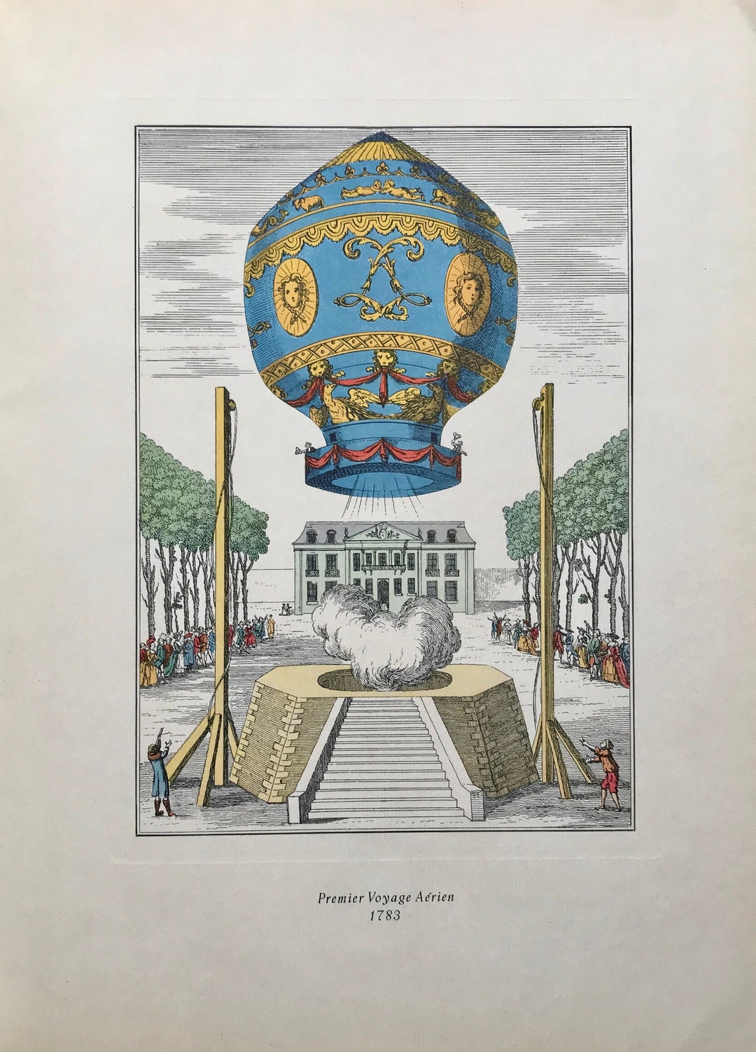 1956 Balloon Ariel Press Large Coloured Lithograph PREMIER VOYAGE ...