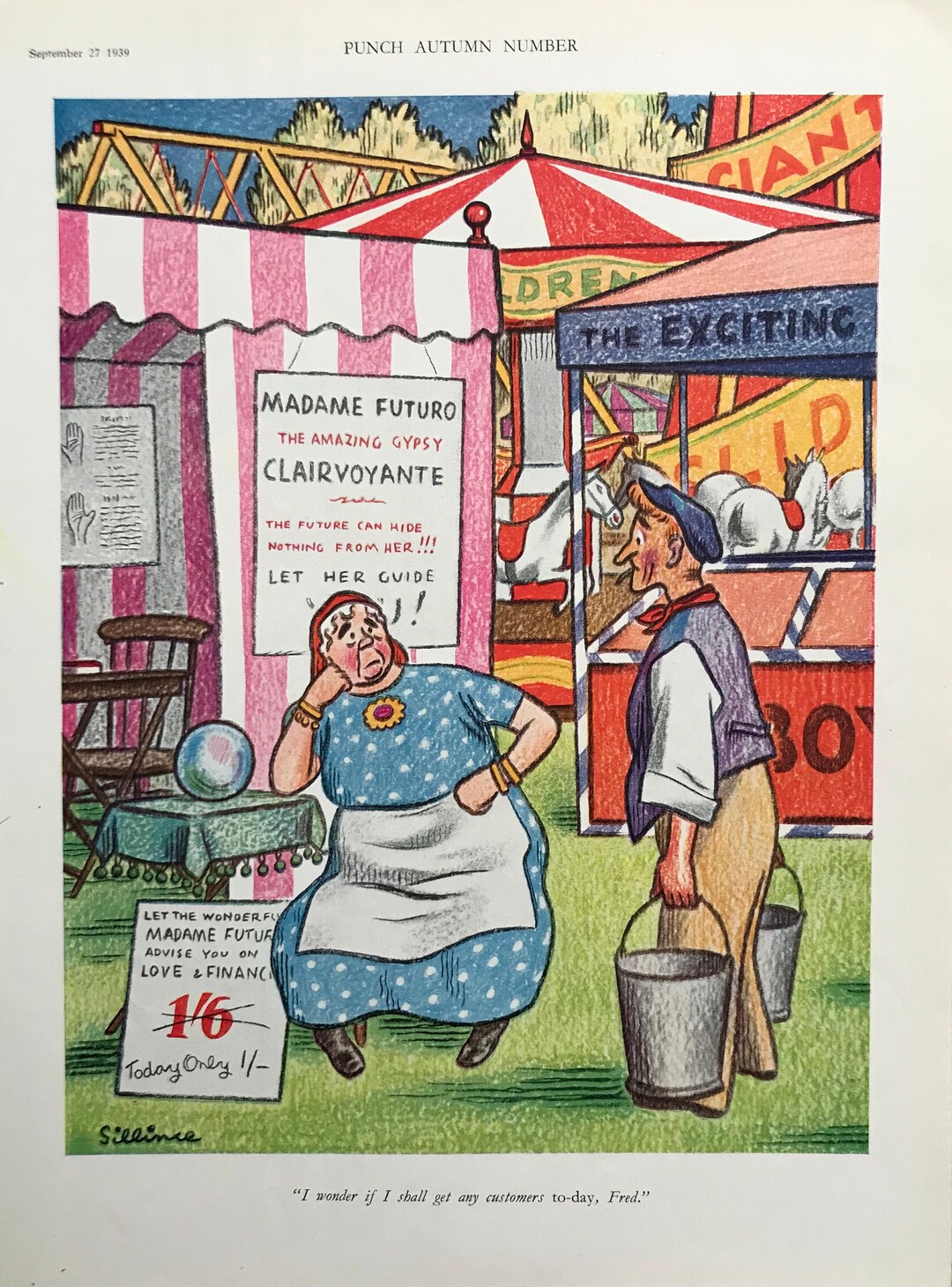 1939 WILLIAM SILLINCE PUNCH Magazine Colour Illustration Clairvoyante ...