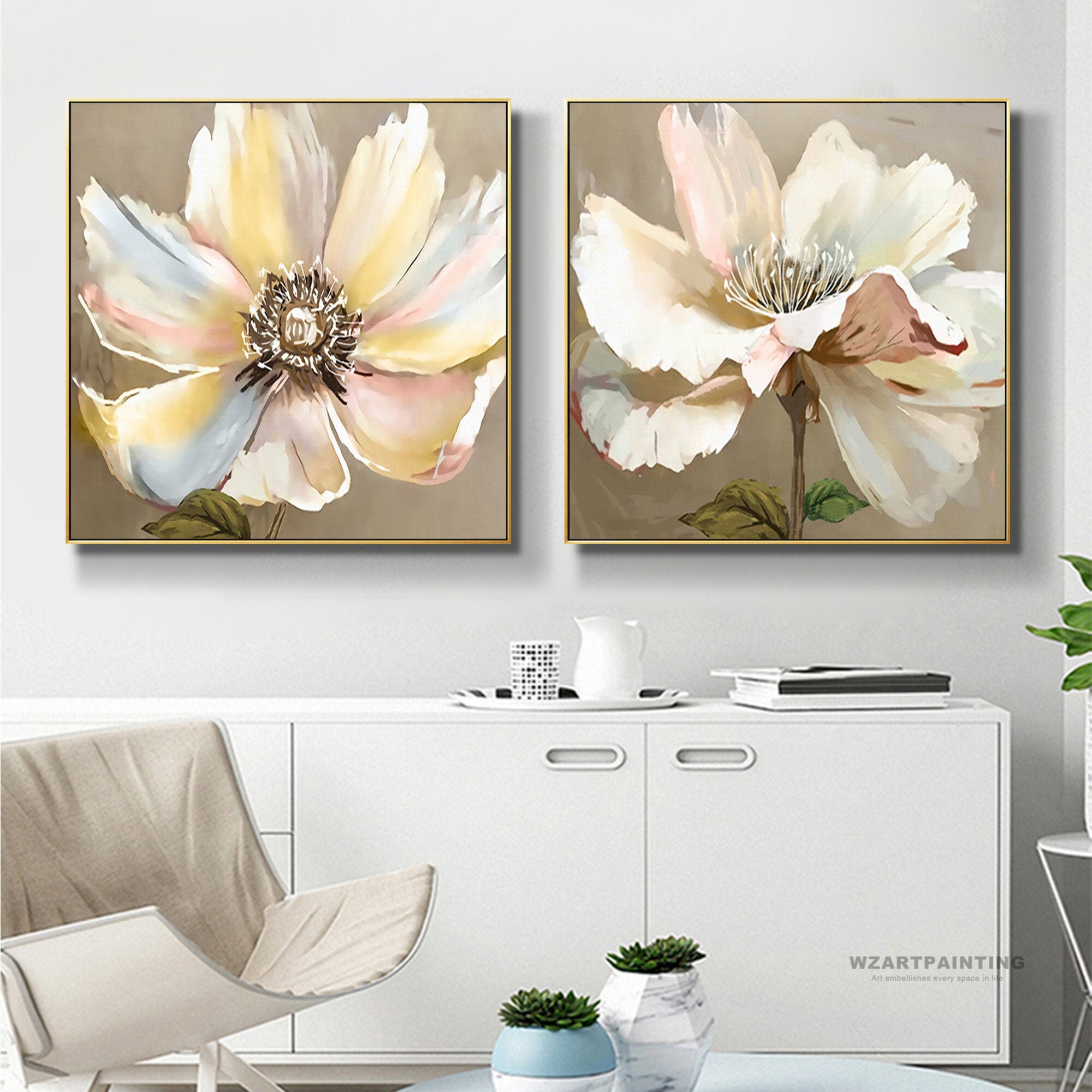 Framed Wall Art Set of 2 Prints Flower Pink Yellow Blue Print | Etsy