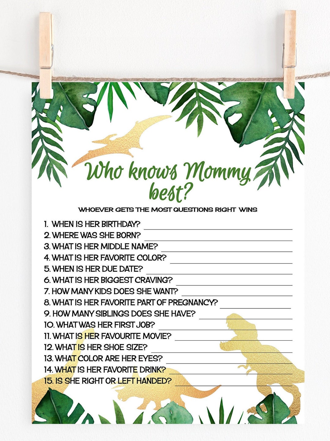 EDITABLE Who Knows Mommy Best Game Dinosaur Printable Baby Shower Game ...