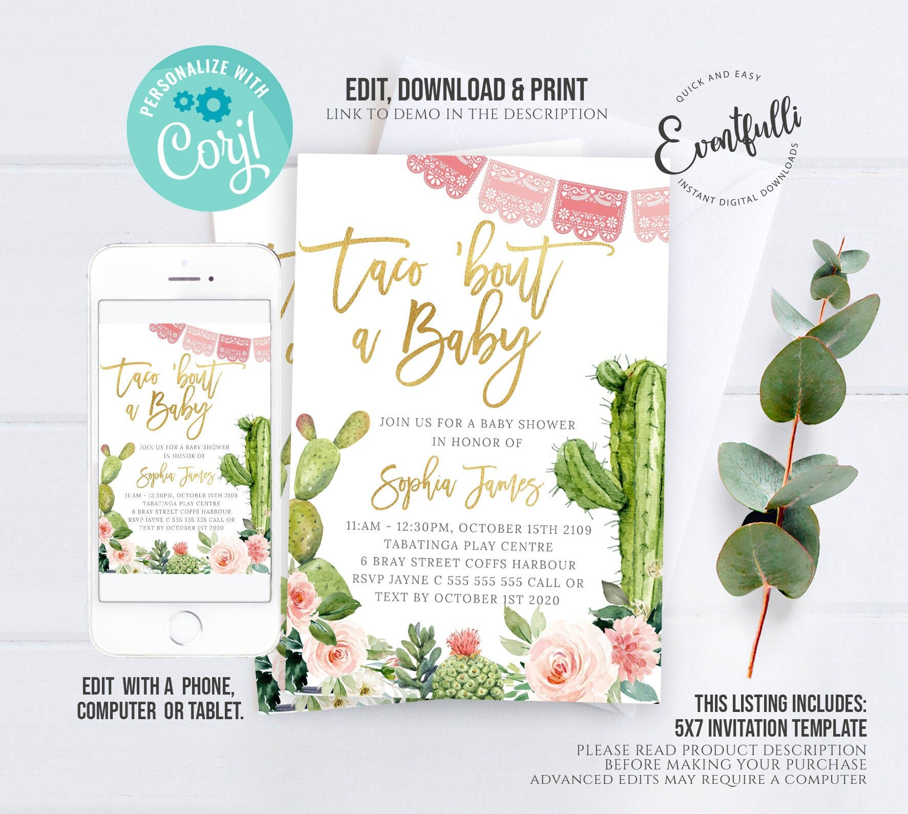 EDITABLE Fiesta Baby Shower Invitation Taco Baby Shower Taco Bout A ...