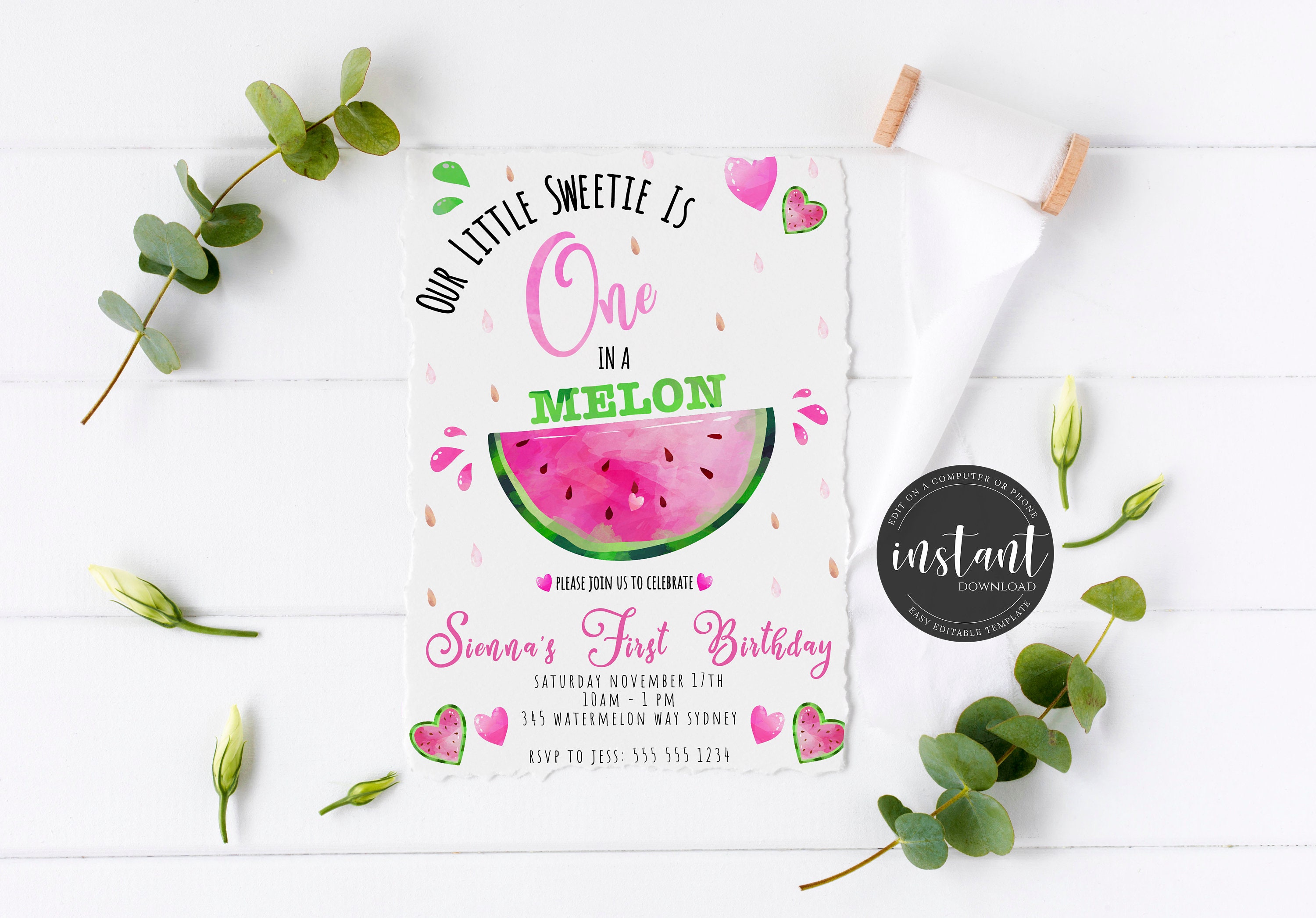 Editable Watermelon Invitation Pink Watermelon Party Invite Instant ...