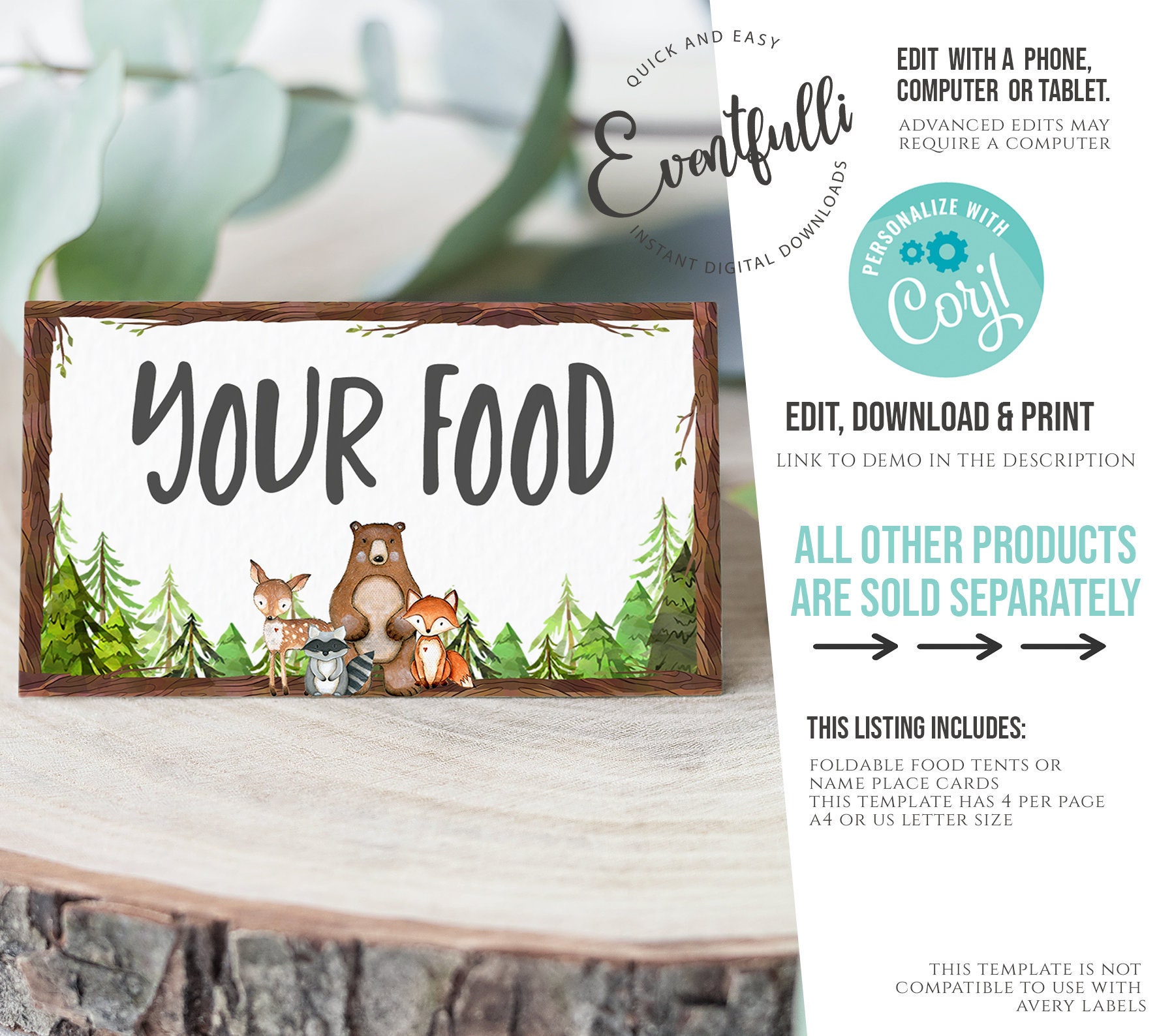 EDITABLE Woodland Baby Shower Food Tags Woodland Creatures Place Card ...