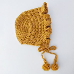 Frilly Bonnet / Vintage Crochet Bonnet / Pom Pom Hat / Handmade / 100% ...