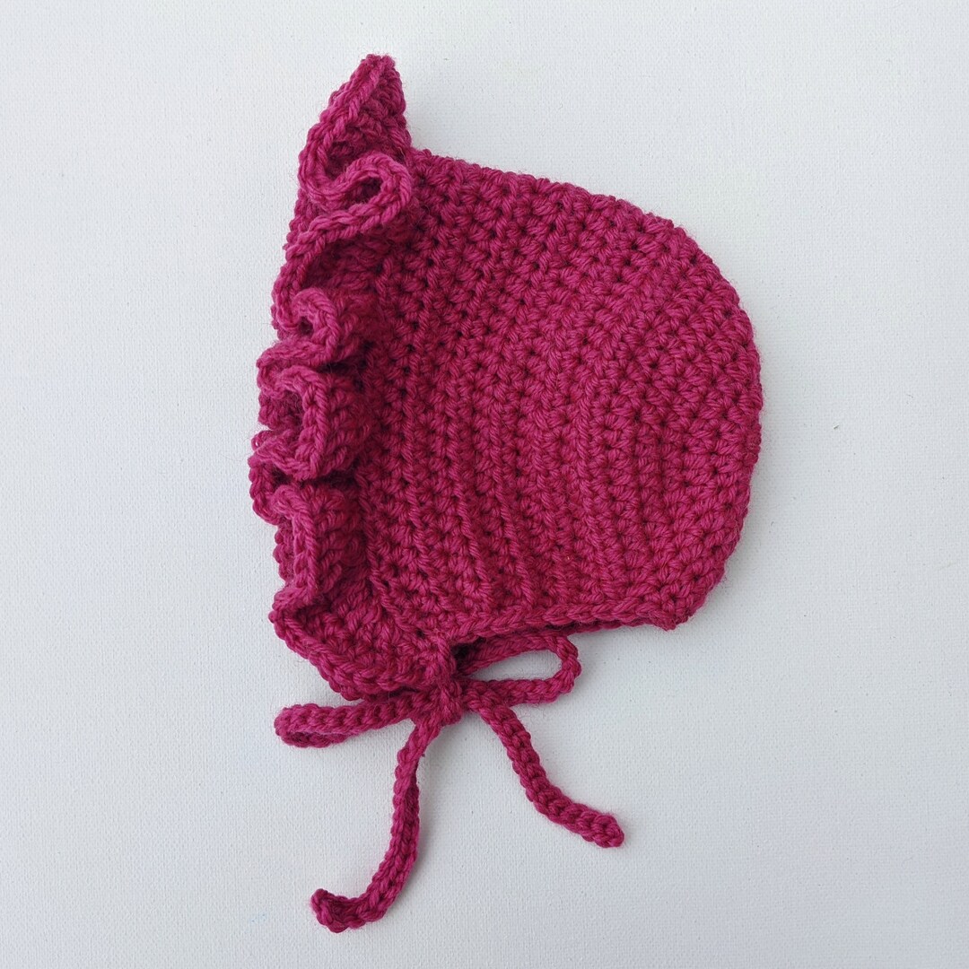 Frilly Bonnet / Vintage Crochet Bonnet / Pom Pom Hat / Handmade / 100% ...