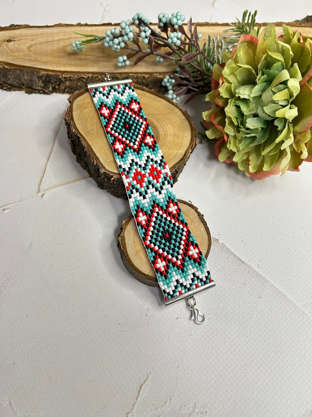 Turquoise Bead Loom Bracelet Native American Bracelet Cuff Beaded ...