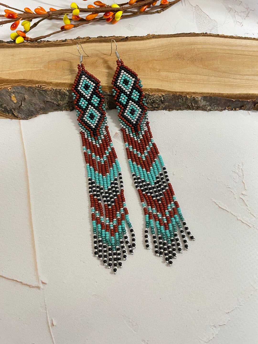 Beaded Earrings Turquoise Fringe Earrings Native Earrings Long Earrings ...