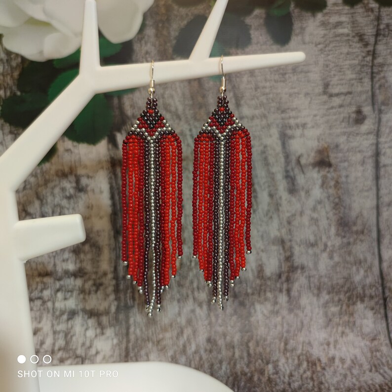 Unique Red Beaded Earrings Native Earrings Long Earrings Boho | Etsy