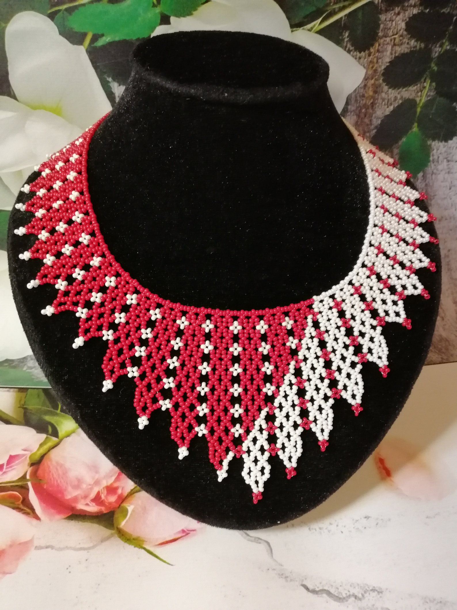 Necklace beaded collar Red white collar Choker beaded Collar | Etsy
