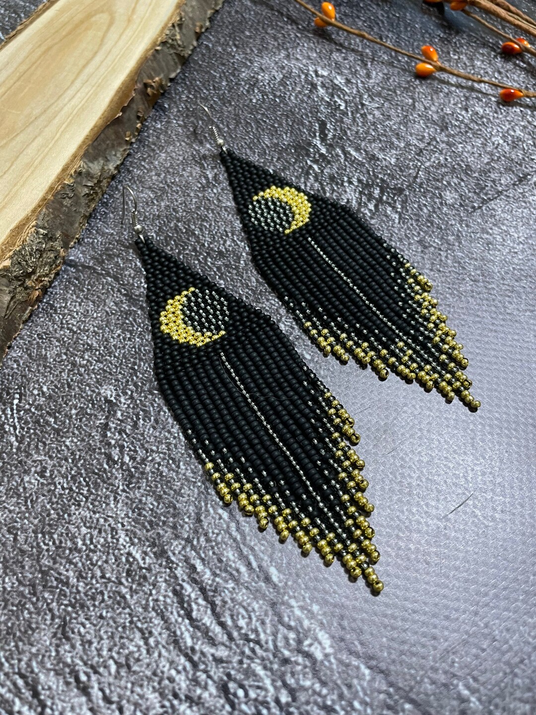 Moon Beaded Earrings Moon Phase Boho Earrings Crescent Moon Black ...