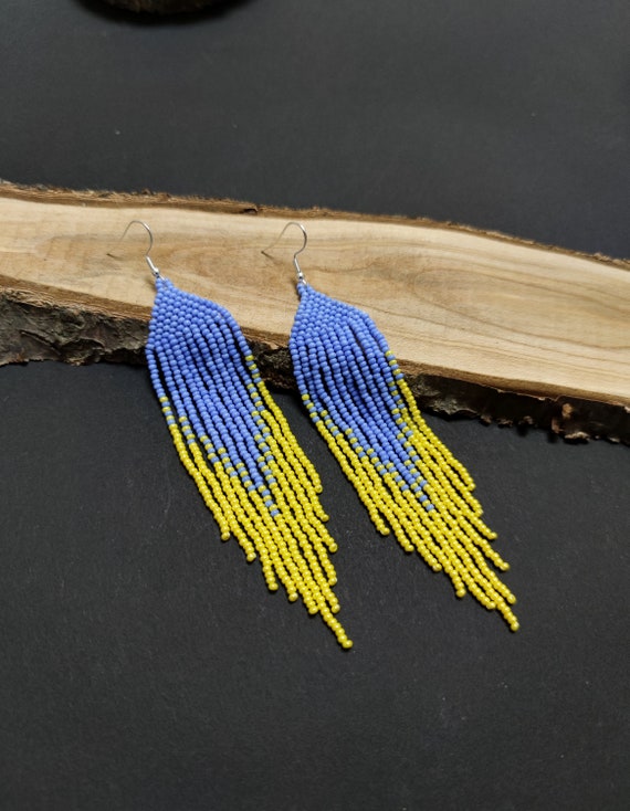 Ukrainian Beaded Earrings Ukraine Flag Earrings Fringe | Etsy