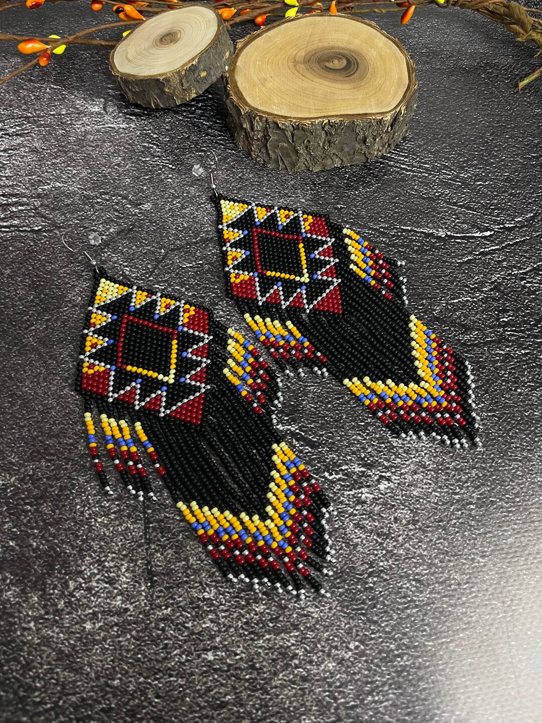 Beaded Earrings Native Earrings Big Earrings Long Earrings Fringe ...