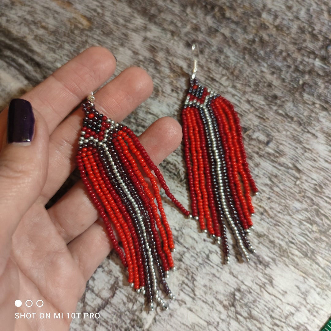 Unique Red Beaded Earrings Native Earrings Long Earrings Boho - Etsy