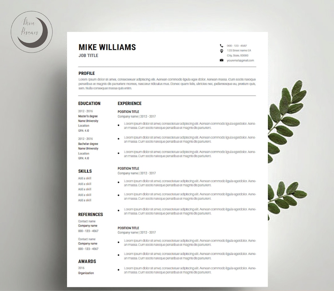 Clean Modern Template Conservative Resume Template Cover Letter Instant ...