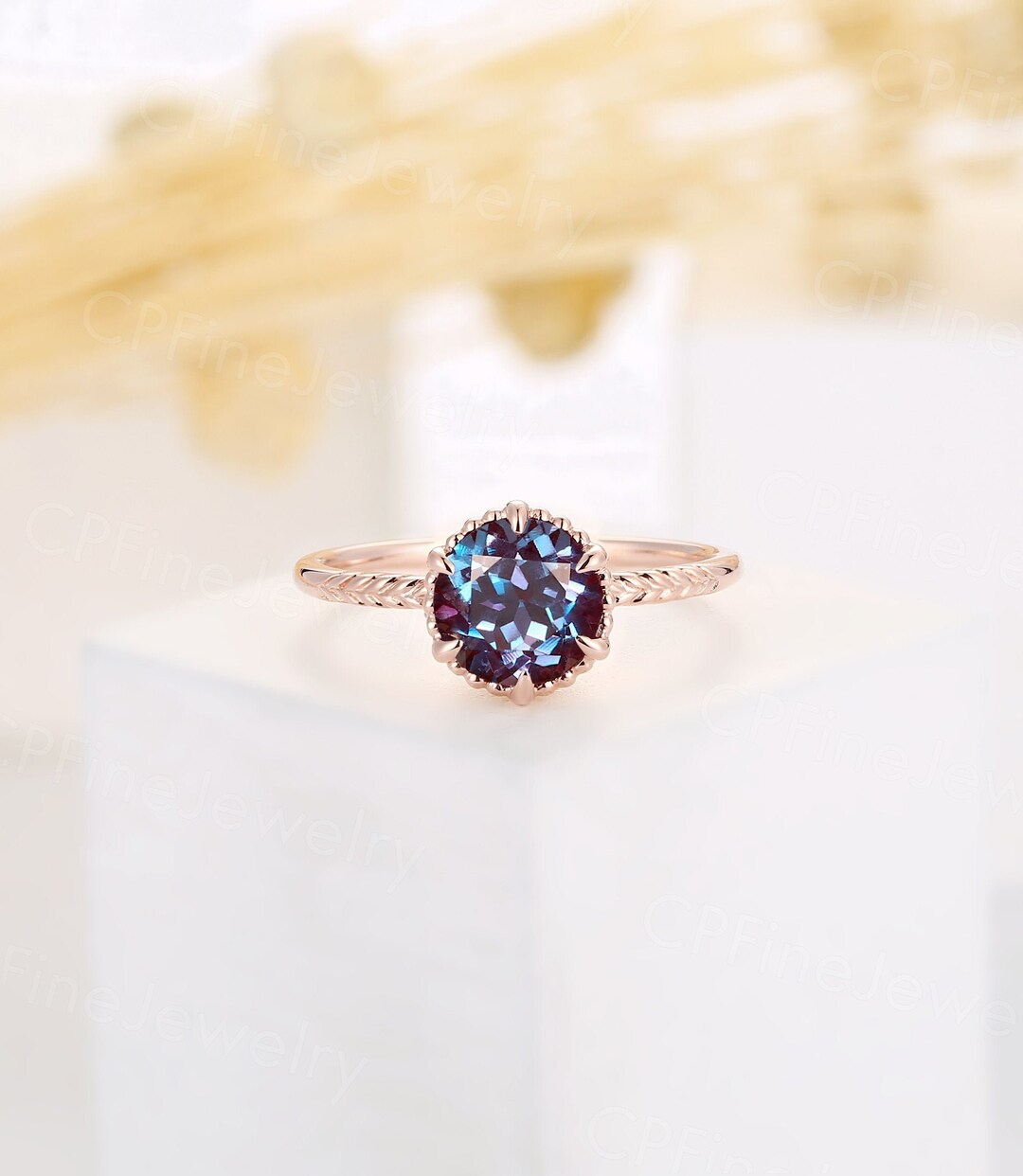 Simple Round Alexandrite Engagement Ring Women,alexandrite Ring Rose ...