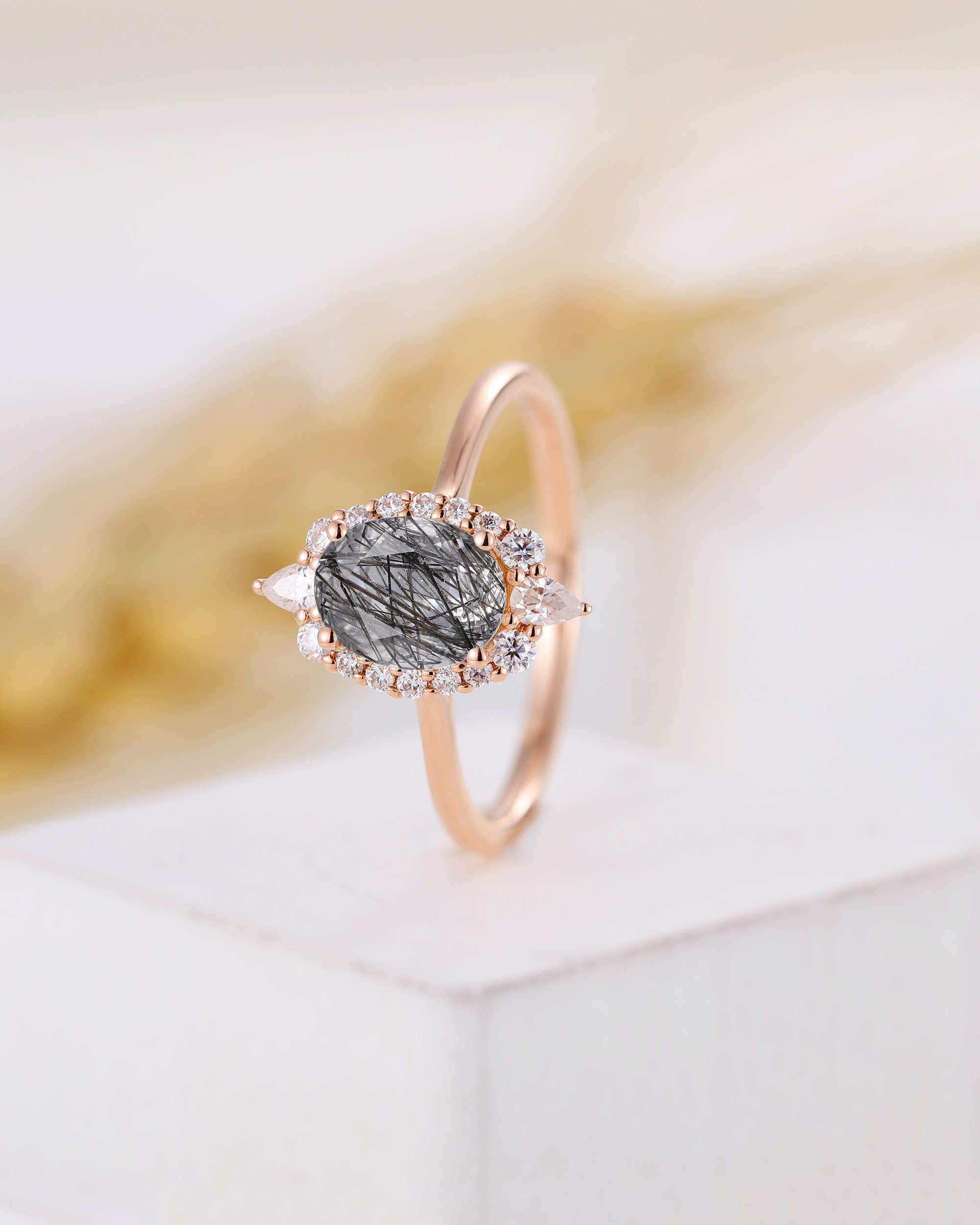 Black Rutilated Quartz engagement ring vintage oval Rutilated | Etsy