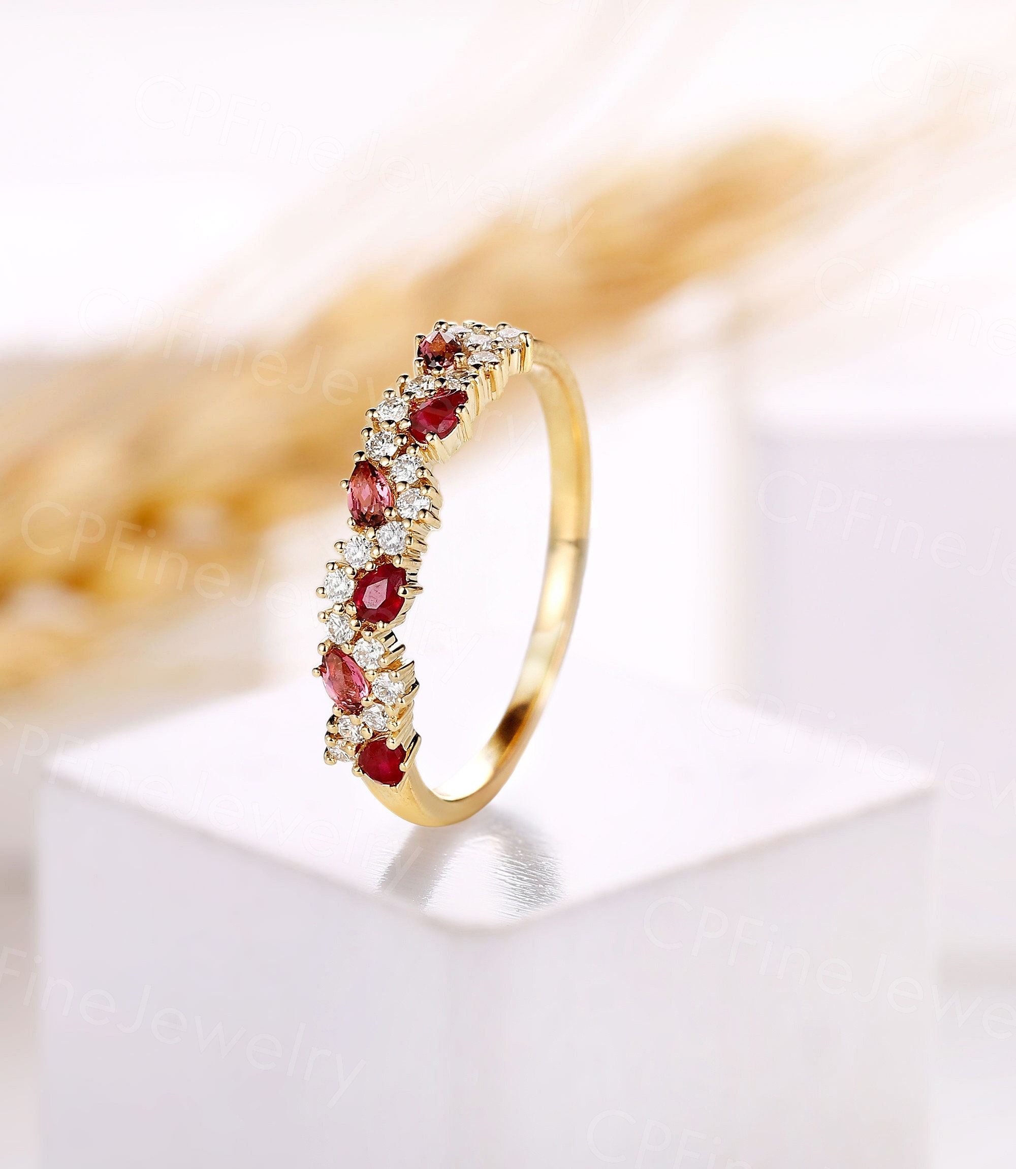 Vintage Pear Shaped Ruby Wedding Band Art Ceco Diamond | Etsy