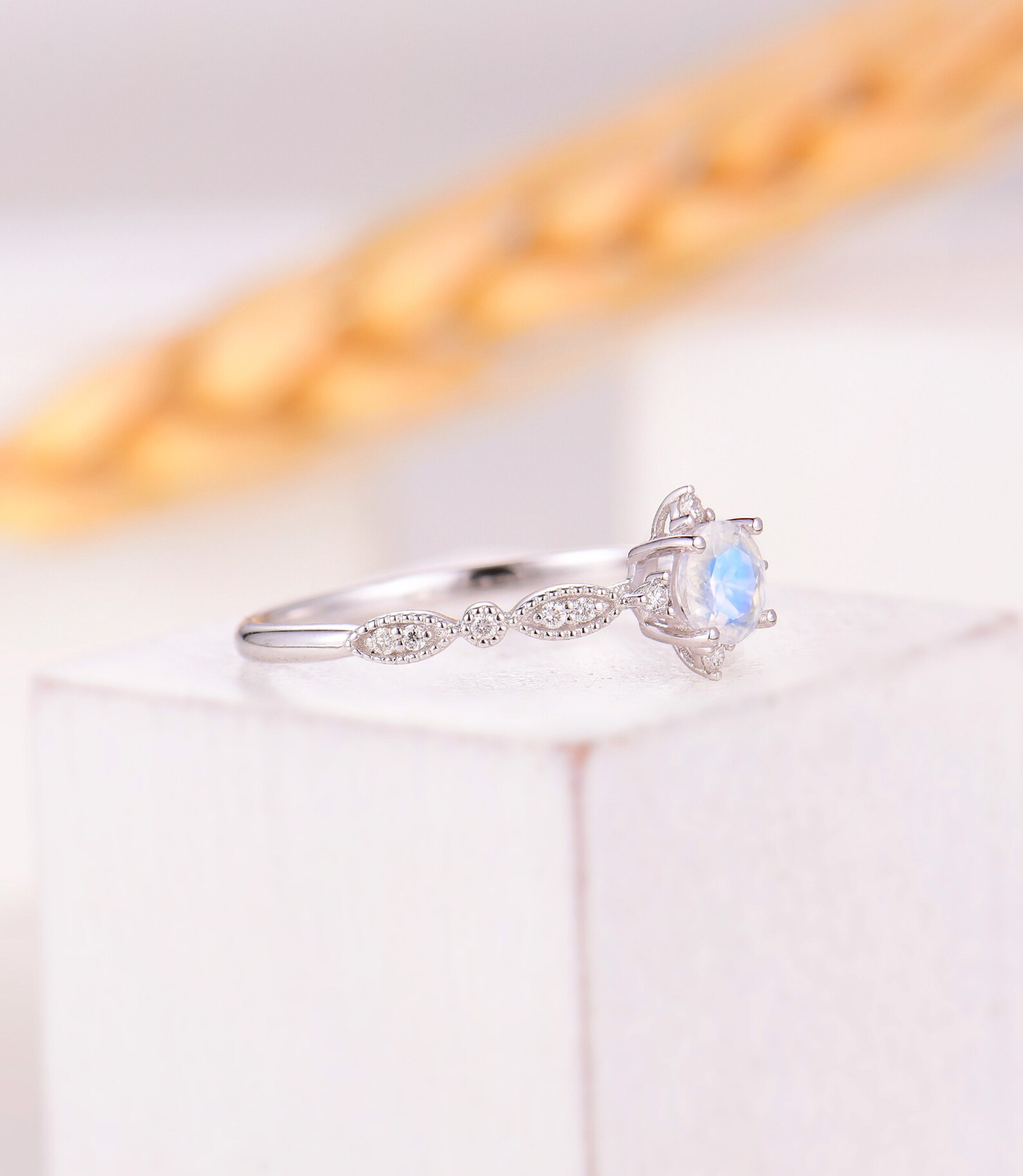 Vintage Moonstone Engagement Ring Round Art Deco Rose Gold Milgrain ...