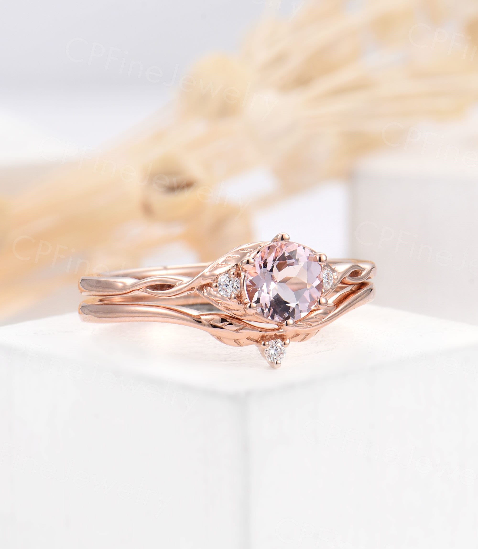 Morganite engagement ring set rose gold round cut ring art | Etsy