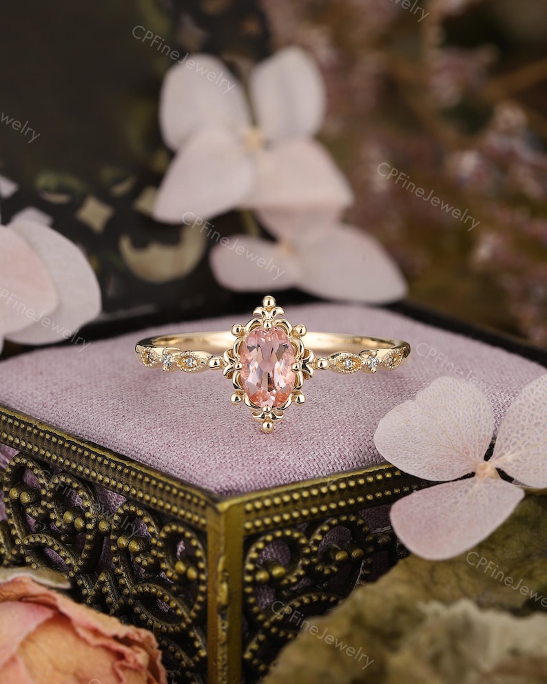 Morganite Engagement Ring, Vintage Floral Ring, Diamond Promise Ring by ...