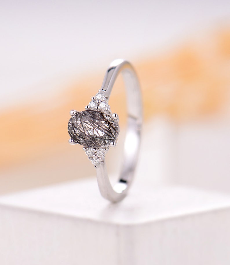 Black rutilated quartz engagement ring oval rutilated quartz | Etsy