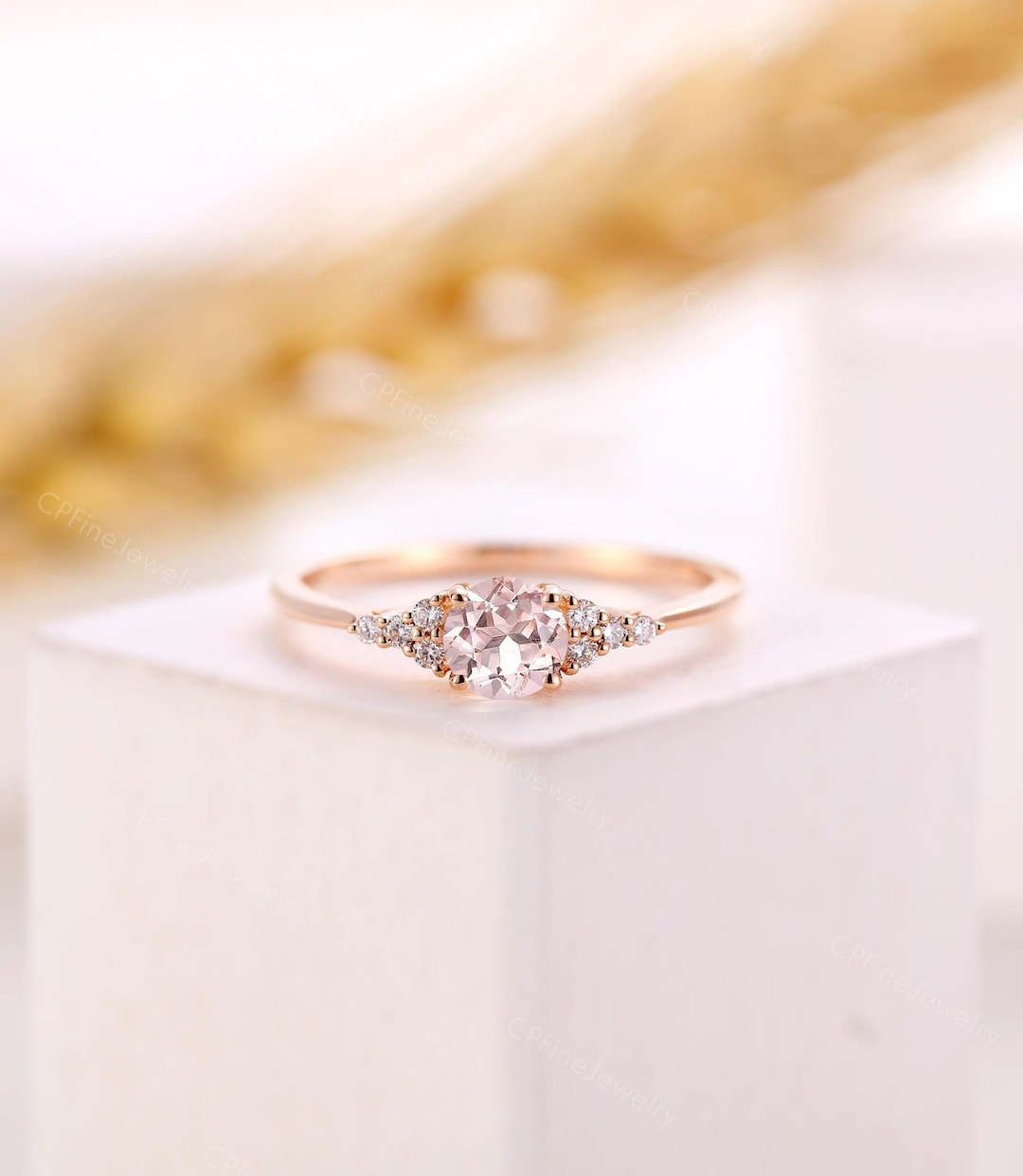 Orange Pink Morganite Cluster Engagement Ring - Dainty Rose Gold ...