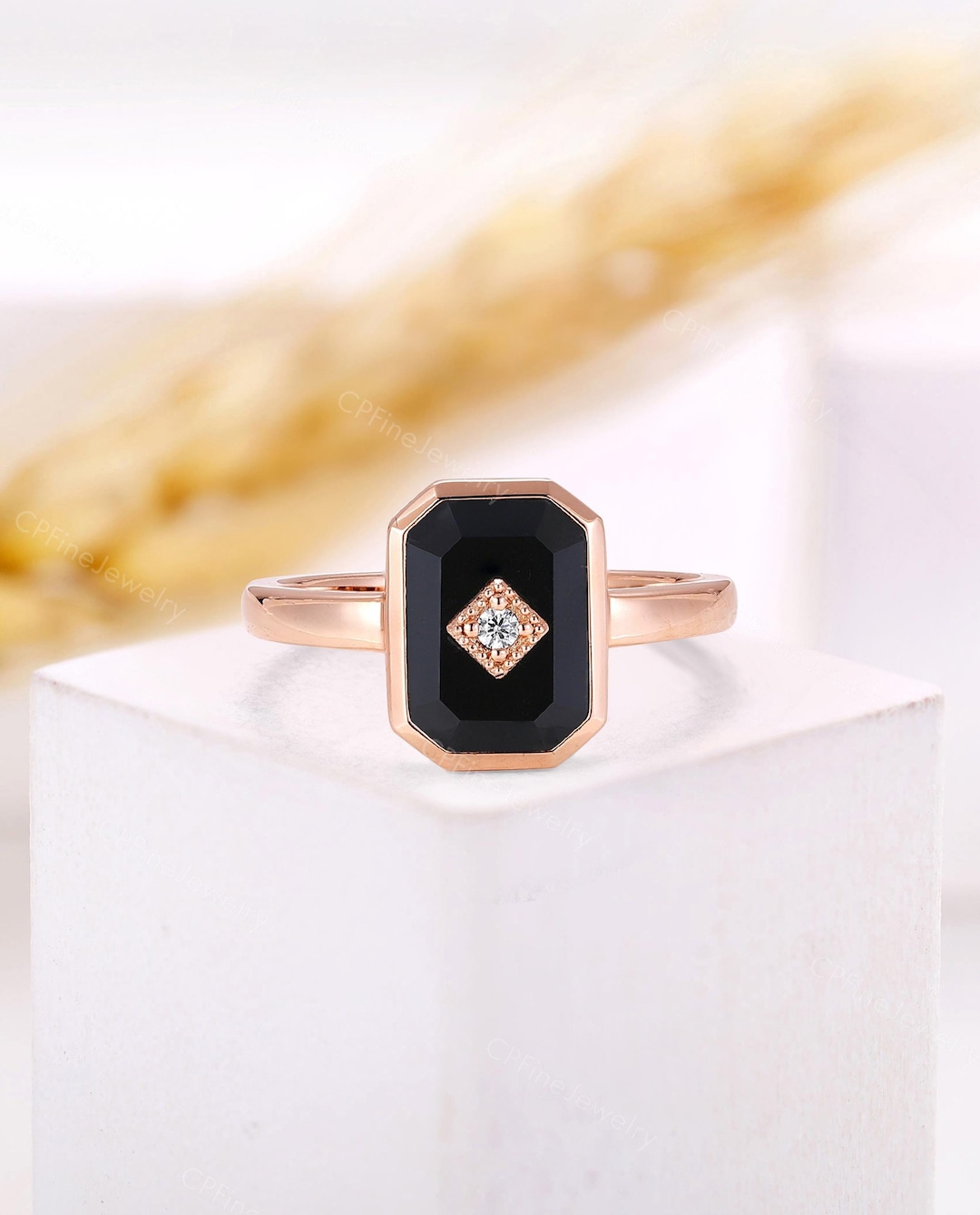 Art Deco Black Onyx Statement Ring - Rose Gold Octagon Vintage ...