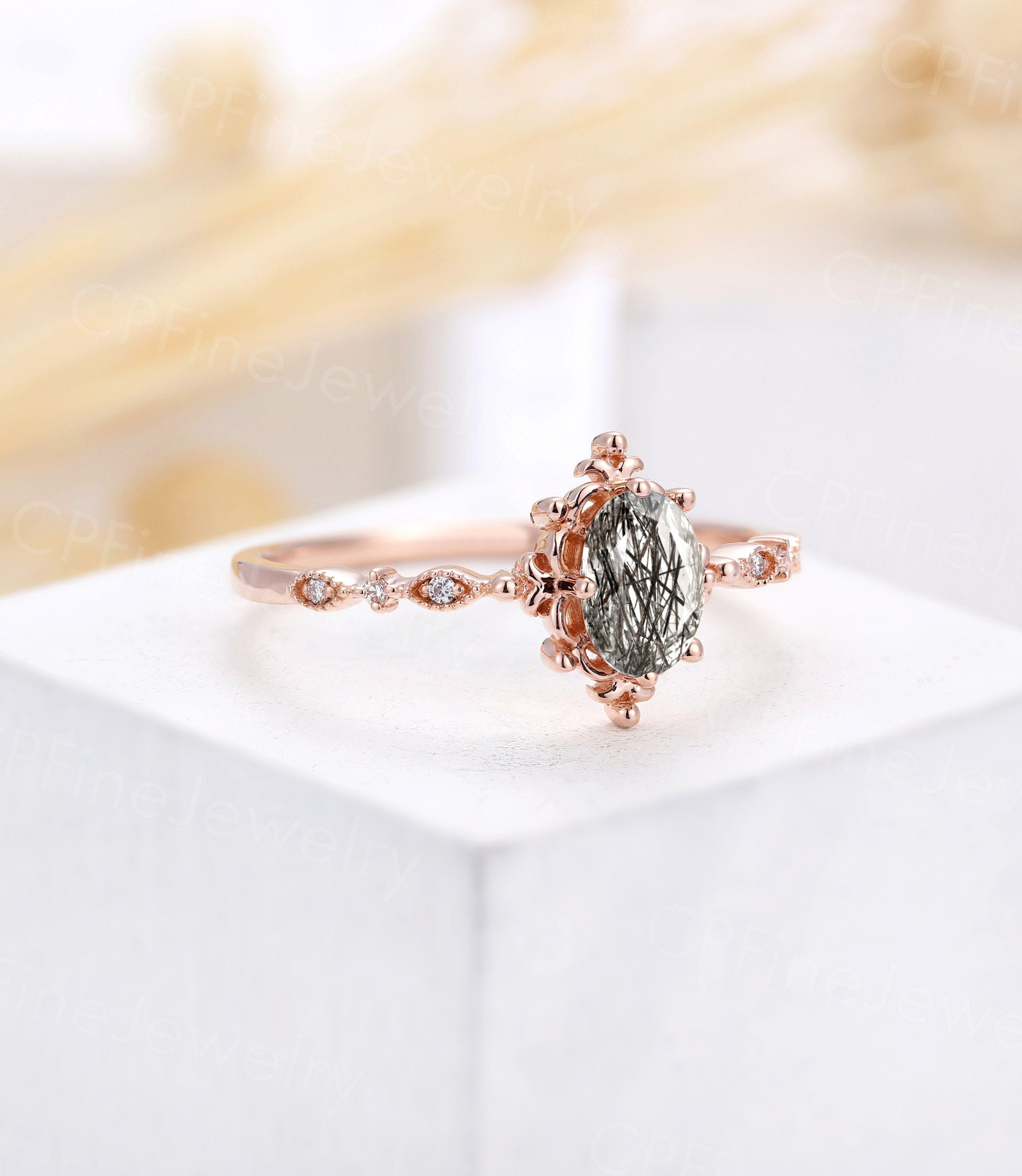 Vintage Black Rutilated Quartz Engagement Ring Oval Rose Gold | Etsy
