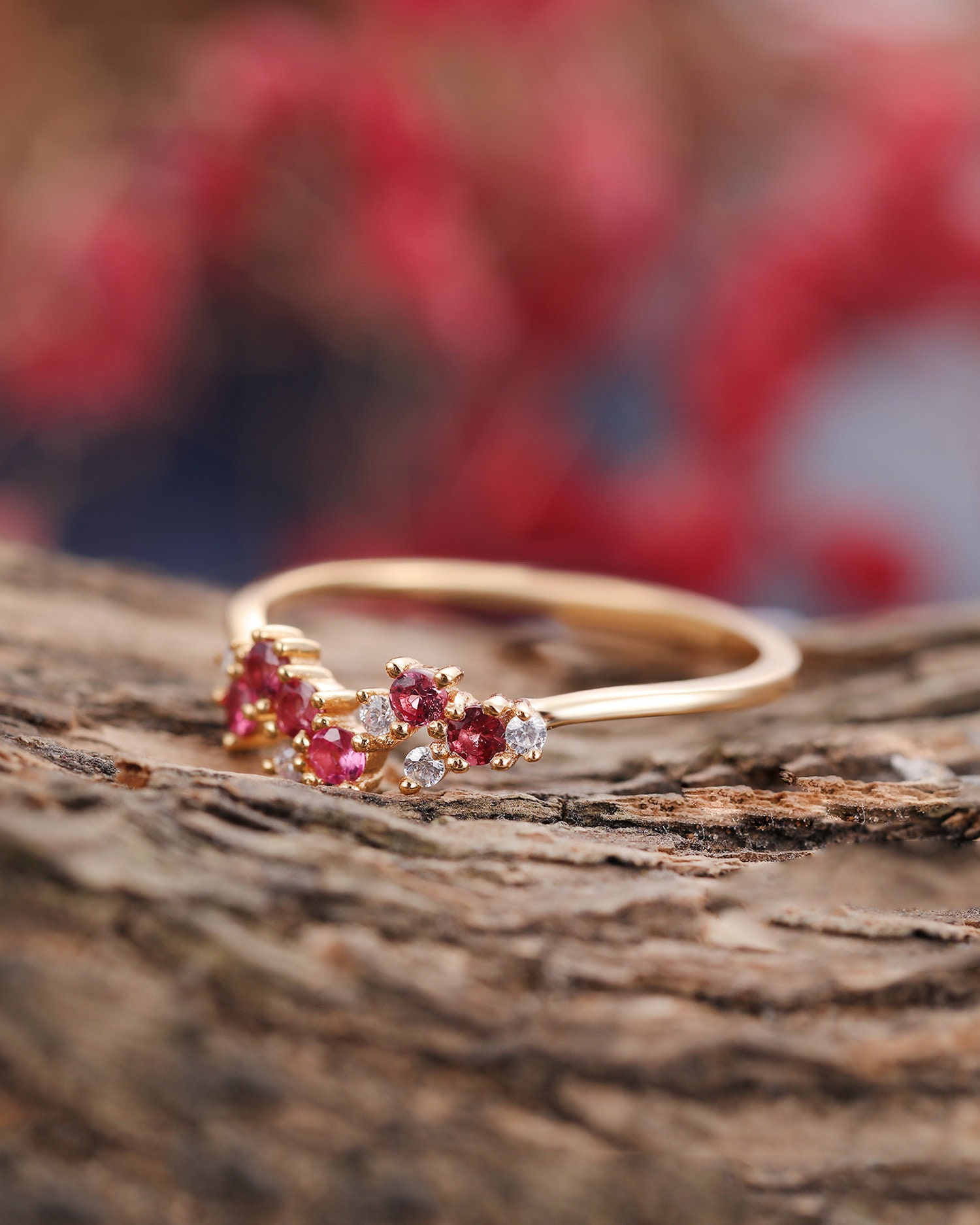 Natural Ruby Cluster Wedding Band Rose Gold Art Deco Diamond | Etsy