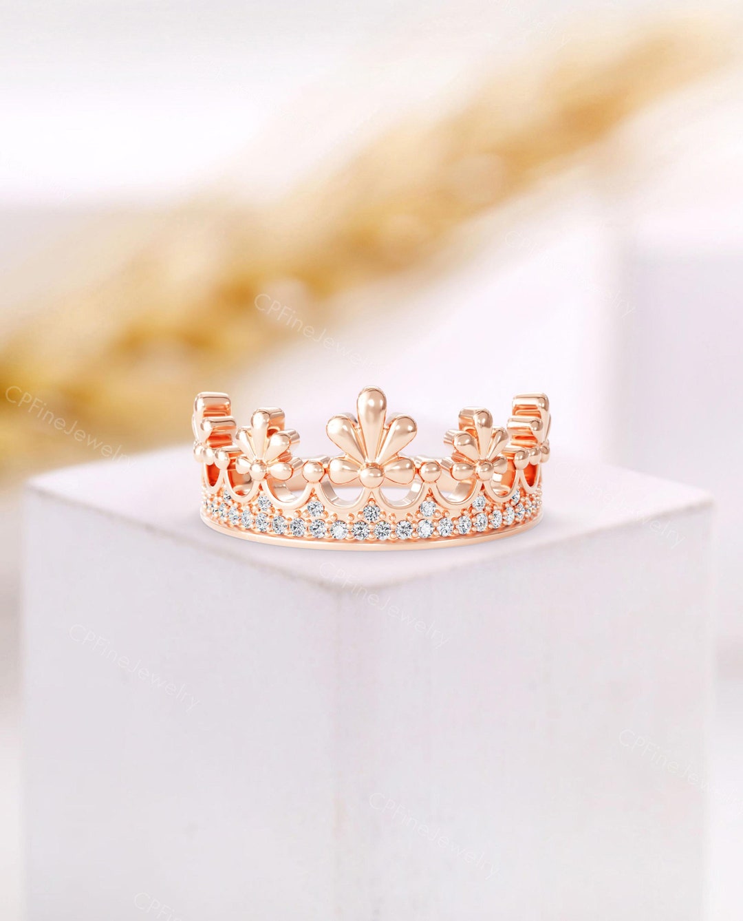 Dainty Princess Crown Moissanite Engagement Ring - Rose Gold Tiara ...