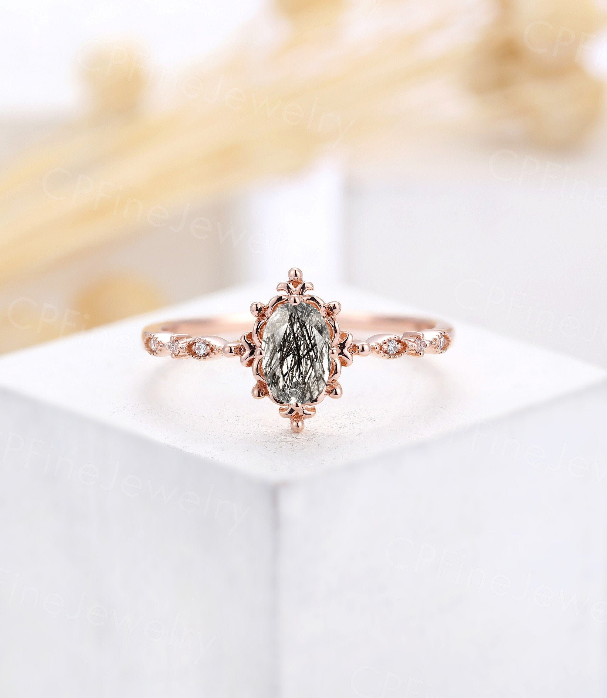 Vintage Black Rutilated Quartz Engagement Ring Oval Rose Gold | Etsy