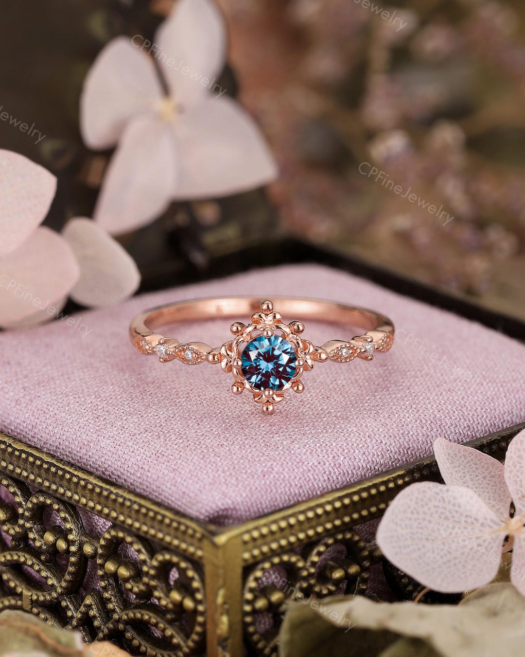Alexandrite Engagement Ring, Dainty Rose Gold Ring, Diamond Wedding ...