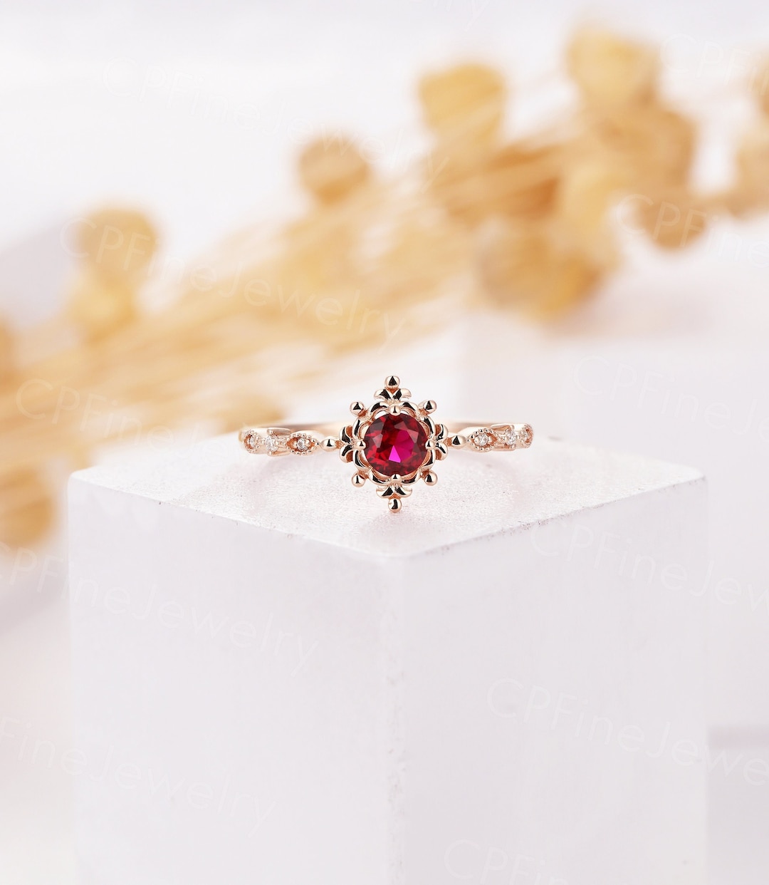 Rose Gold Dainty Ruby Engagement Ring Vintage Round Ruby Milgrain Ring ...
